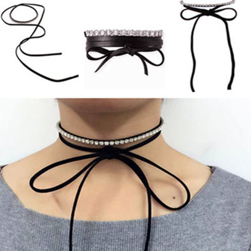 Bling Rhinestone Free Wear Bowknot Women Choker Jewelry Lady Pendant Necklace FT