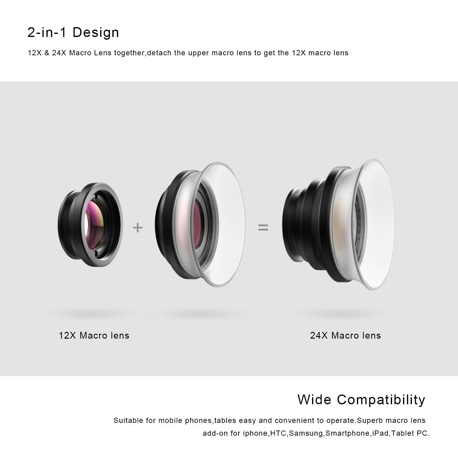 2 in 1 Macro Lens Kit for Smart Phone/ipad/Tablet PC ,12X+24X Macro lens