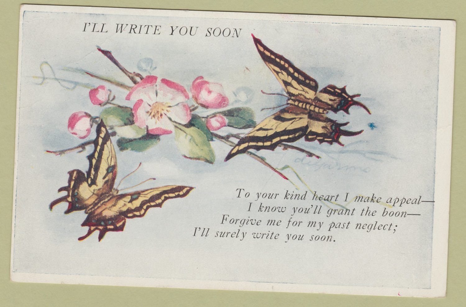 Postcard I'LL WRITE YOU SOON Vintage Floral Butterfly Apology