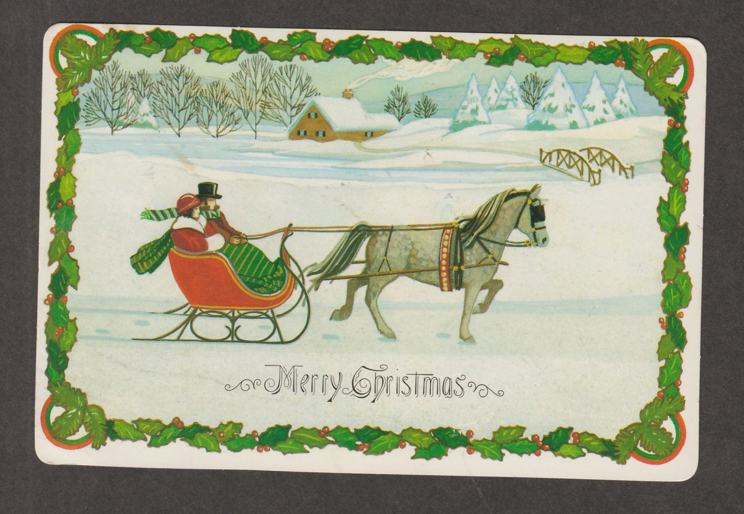 Merry Christmas Holiday Hallmark Postcard Horse and Sleigh