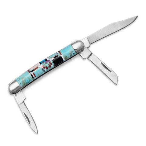Stainless Steel Pocket Knife w/Multicolor Inlay Stone