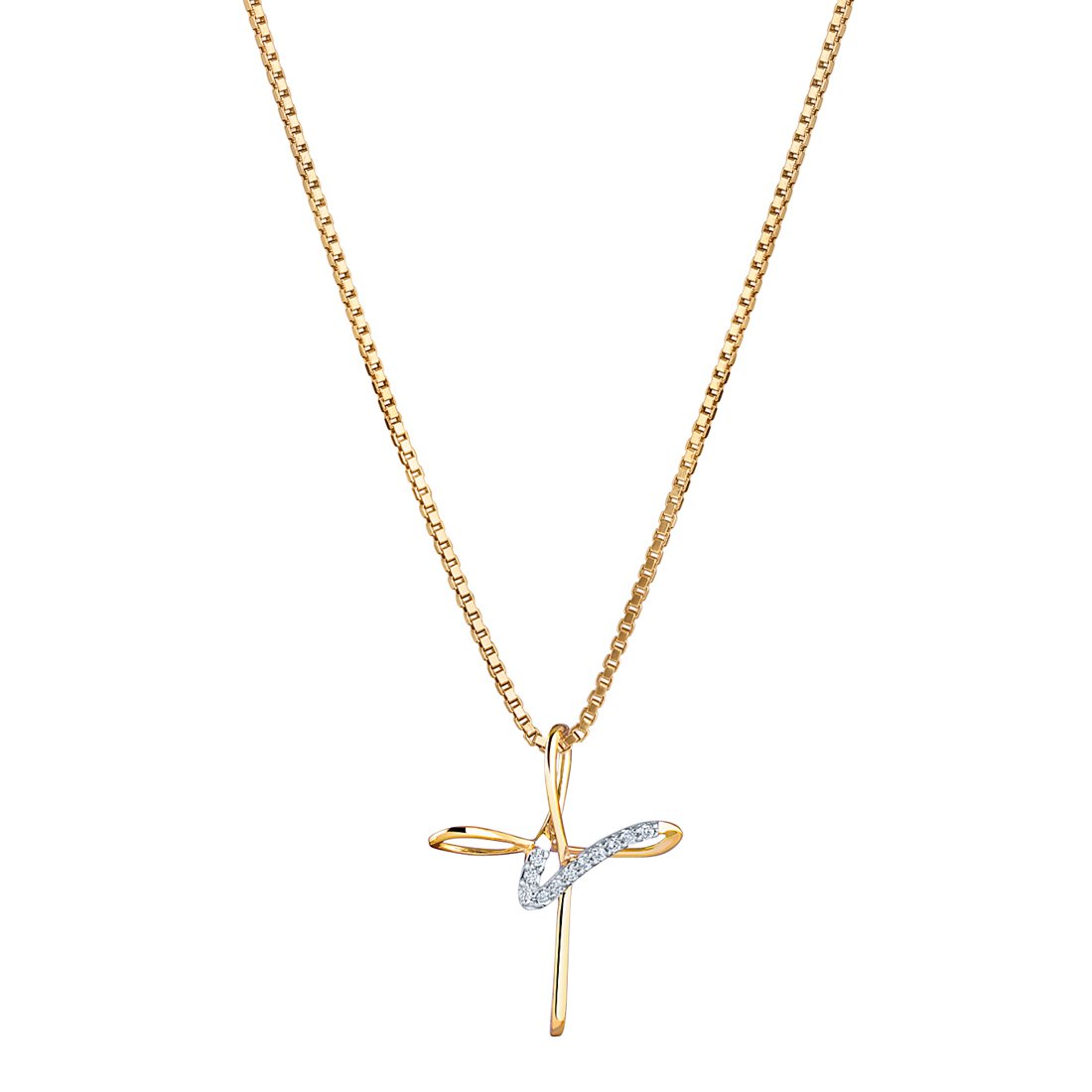 14K Yellow Gold & Diamond Accent Ribbon Design Cross Necklace