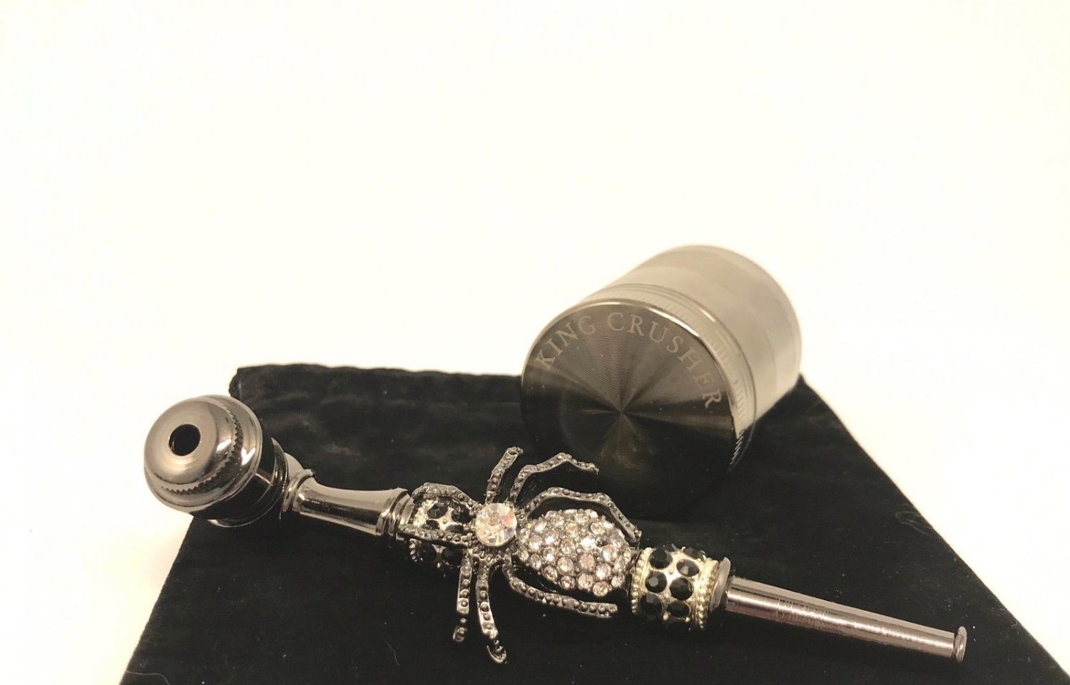 Black Rhinestone Decorative Spider Pipe With Tobacco Grinder & Travel Pouch