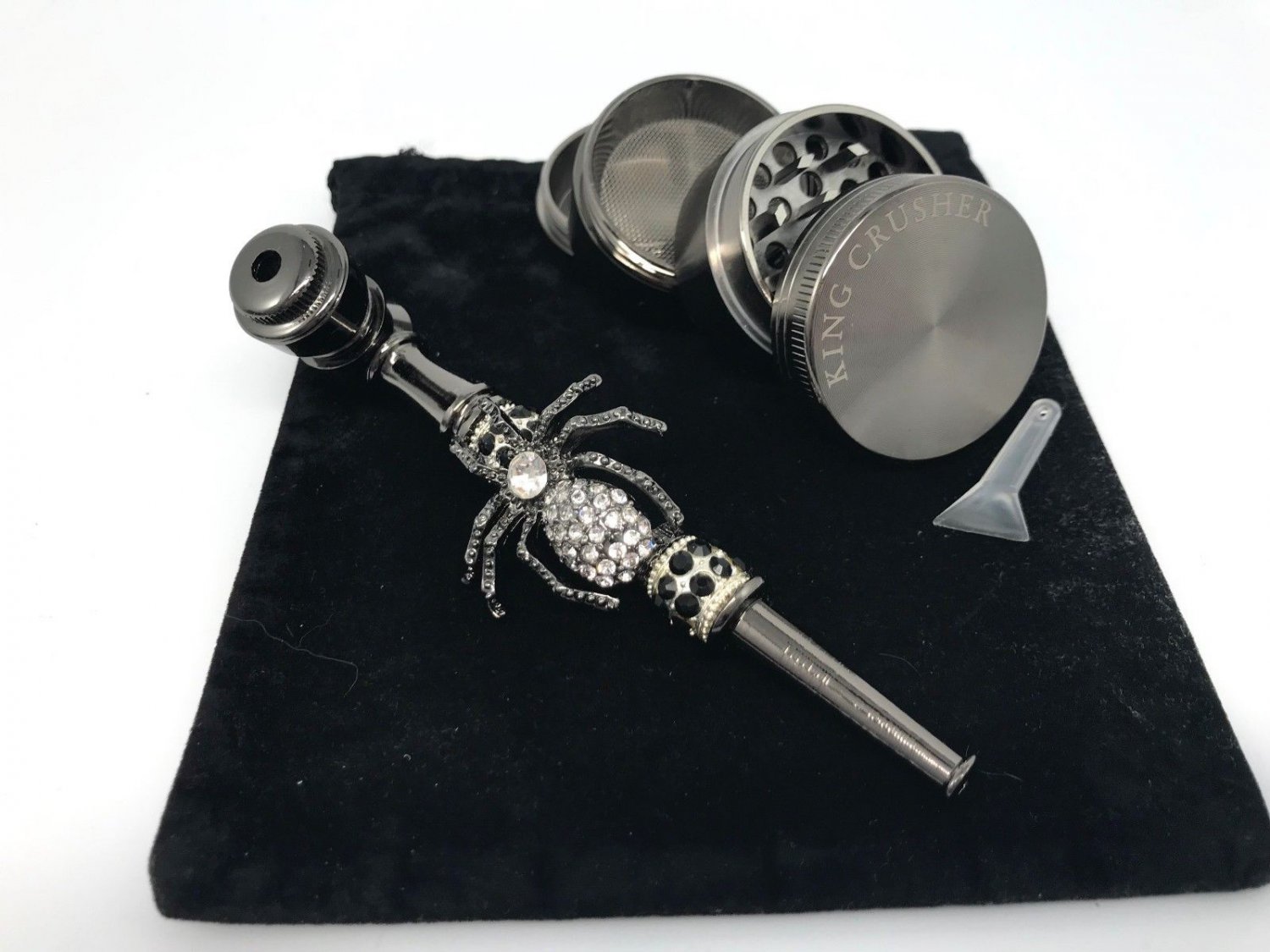 Black Rhinestone Decorative Spider Pipe With Tobacco Grinder & Travel Pouch