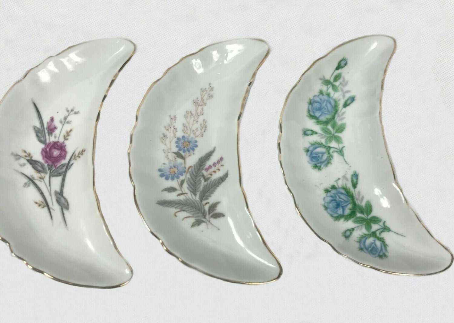 Antique Bone Dishes Crescent Shape Scalloped Edges with Floral Design ...