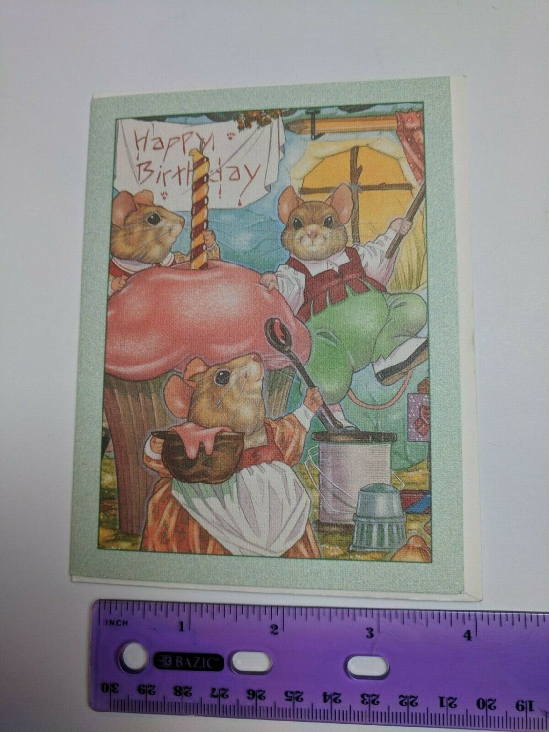 Happy Birthday Card Mouse Baker Family w/ Cupcake Cake, Thimble, Thread