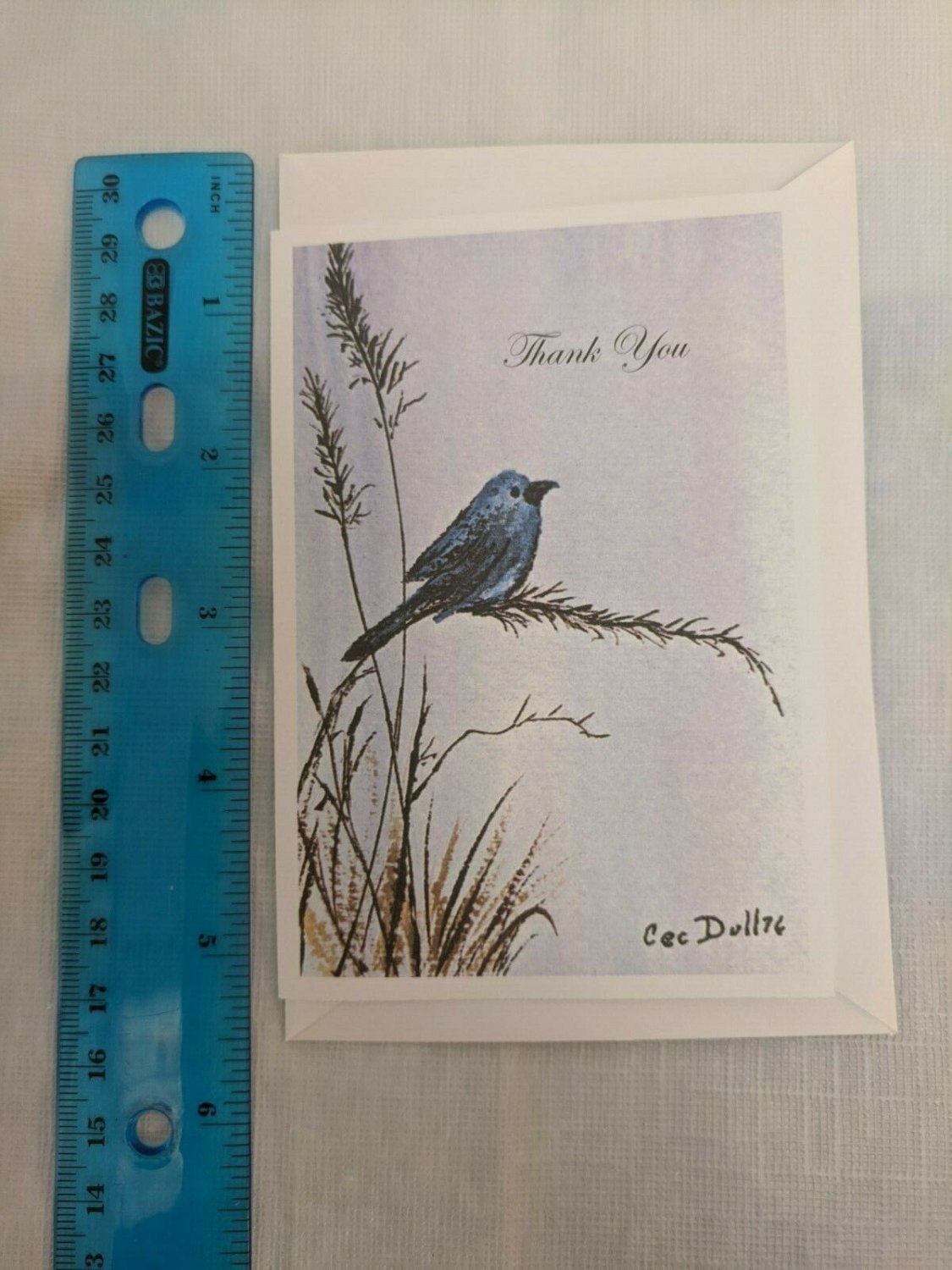 Thank You Card from Family of Deceased Blue Bird art by Cec Doll 1976