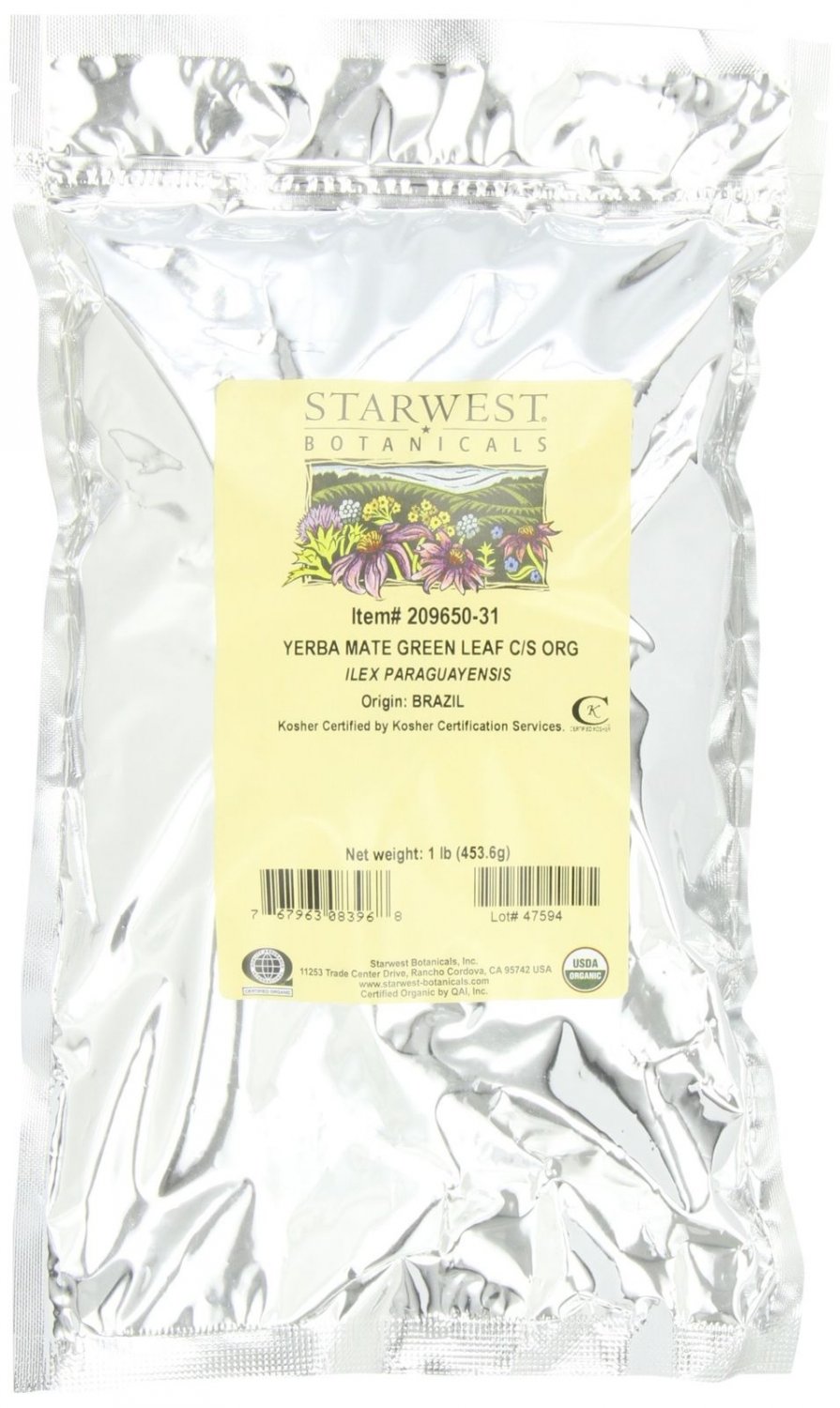 Starwest Botanicals Organic Green Yerba Mate' Leaf Cut 1-pound Bag