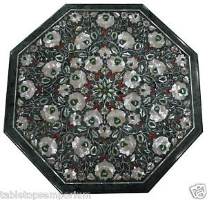 15" Black Marble Paua Shell Pietra Dura Dining Semi Precious Table Top ...