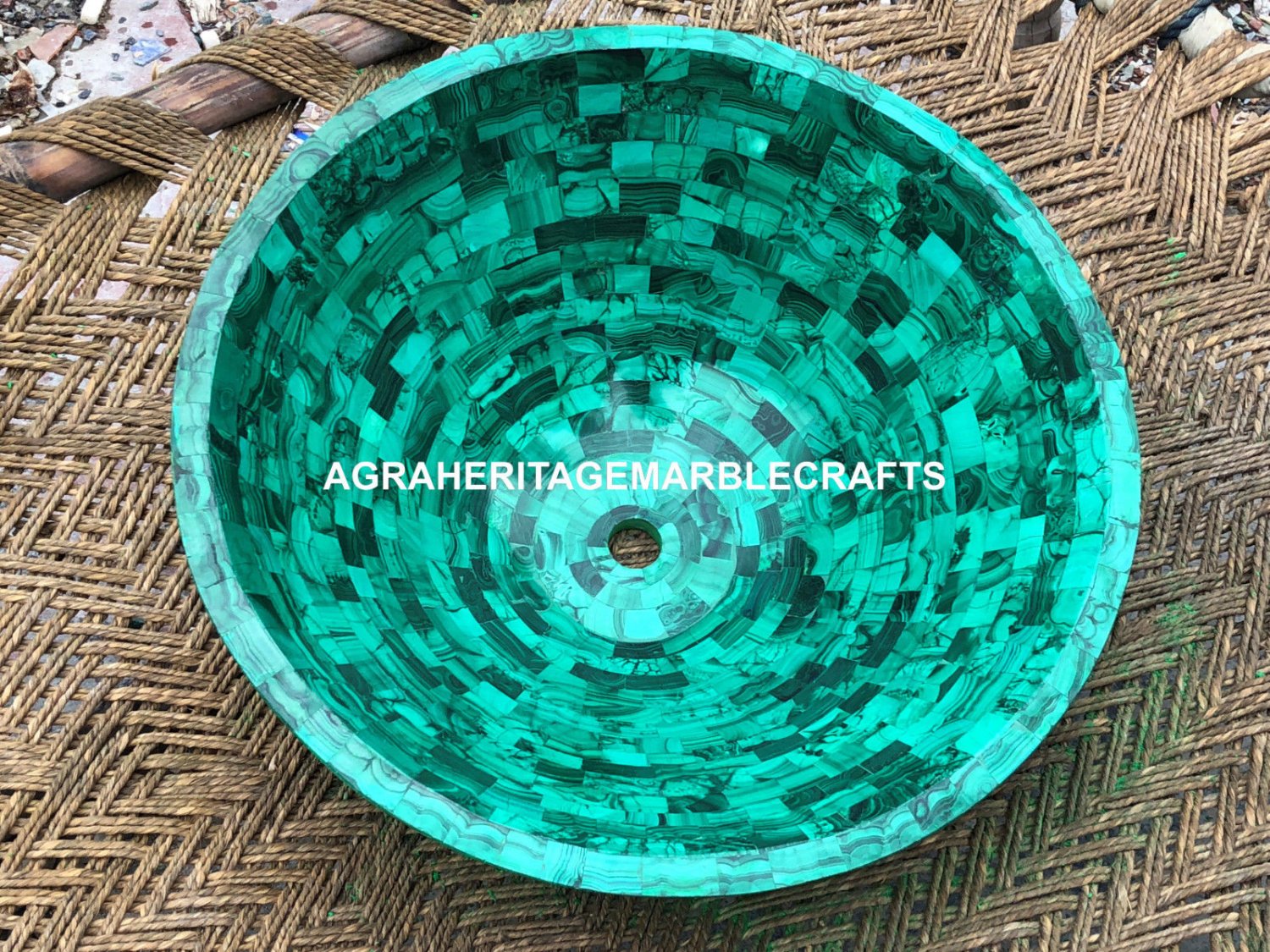 18"x8" Marble Random Wash Basin Malachite Inlay Stone Home Interior ...