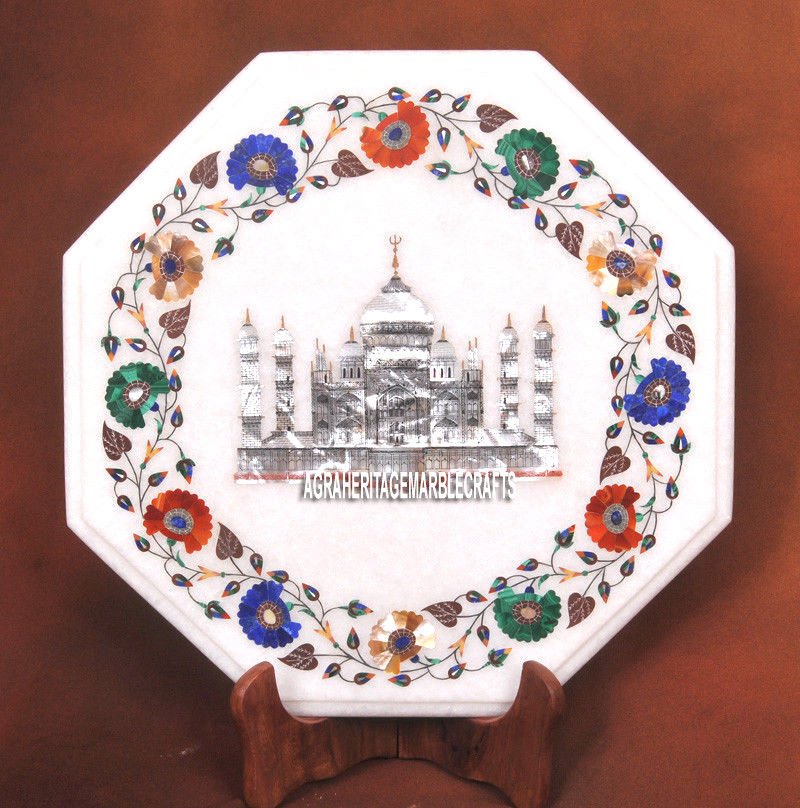 White Marble Taj Mahal Inlay Octagon Table Inlaid Gemstone Furniture ...