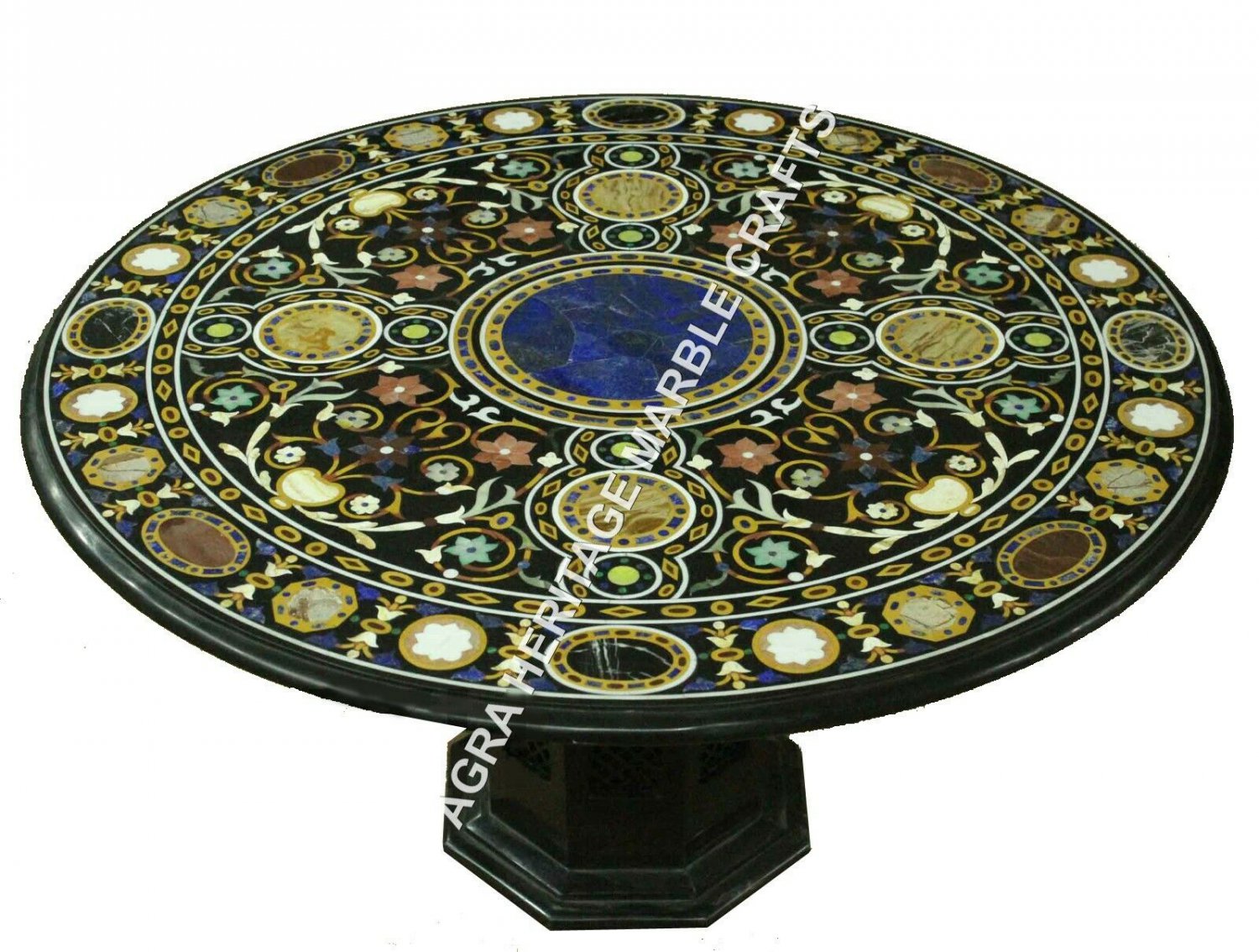 36" Black Marble Dining Elegant Table Top With Stand Pietra Dura Inlay ...