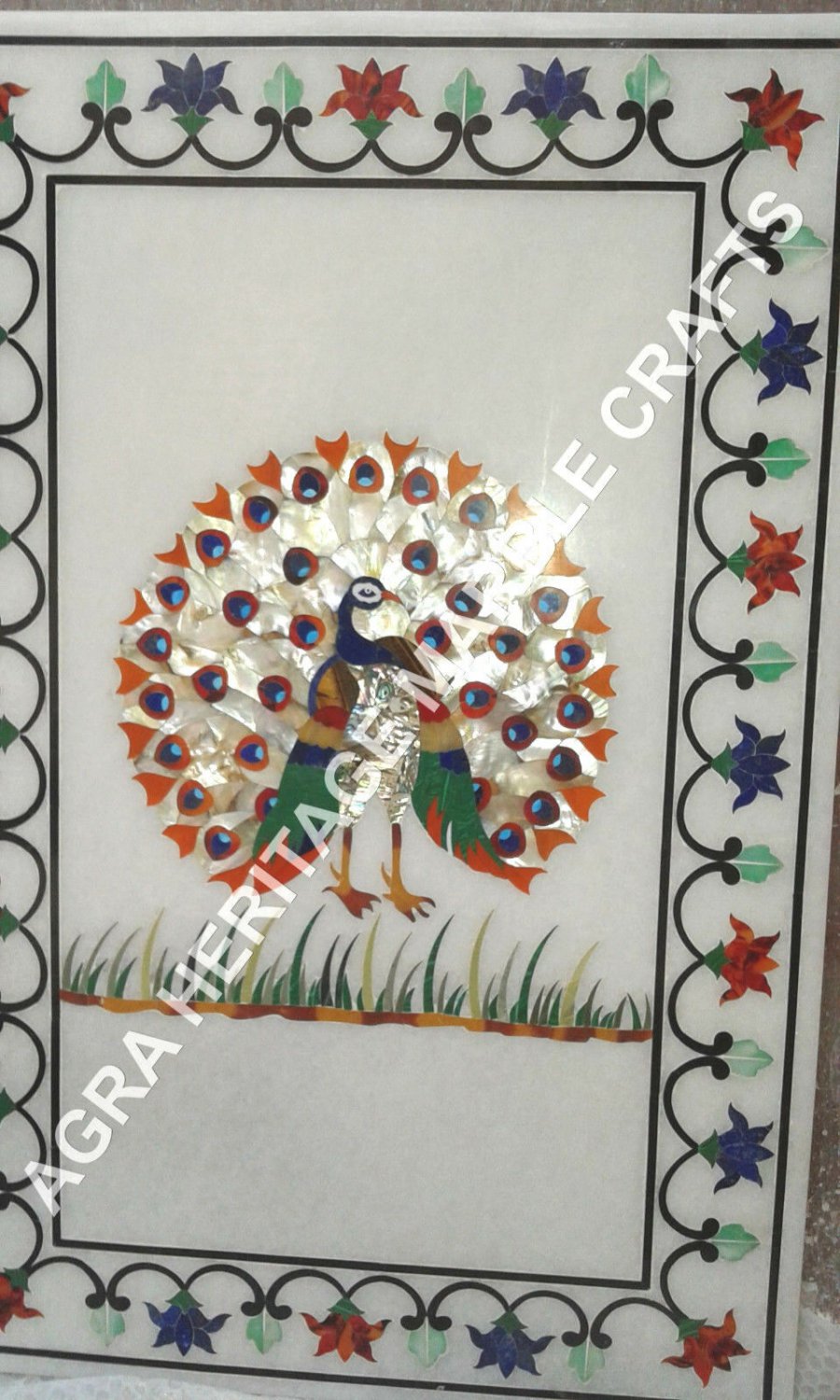 3'x2' Marble Dining Center Table Top Peacock Inlay Marquetry Hallway ...