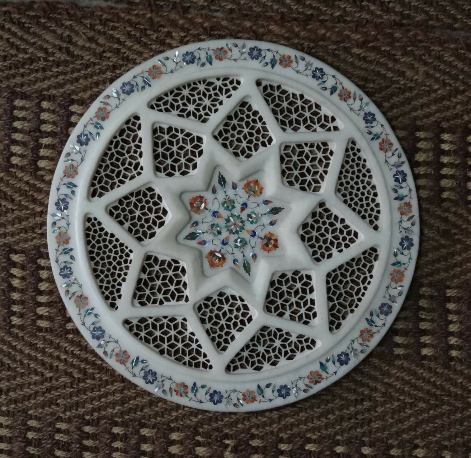18" White Marble Plate Fine Lattice Work Inlaid Kitchen Decor Cyber ...