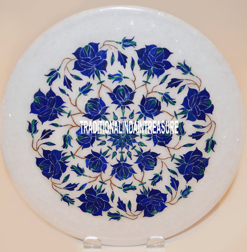 14" White Marble Plate Marquetry Inlay Lapis Lazuli Floral Kitchen Gift ...
