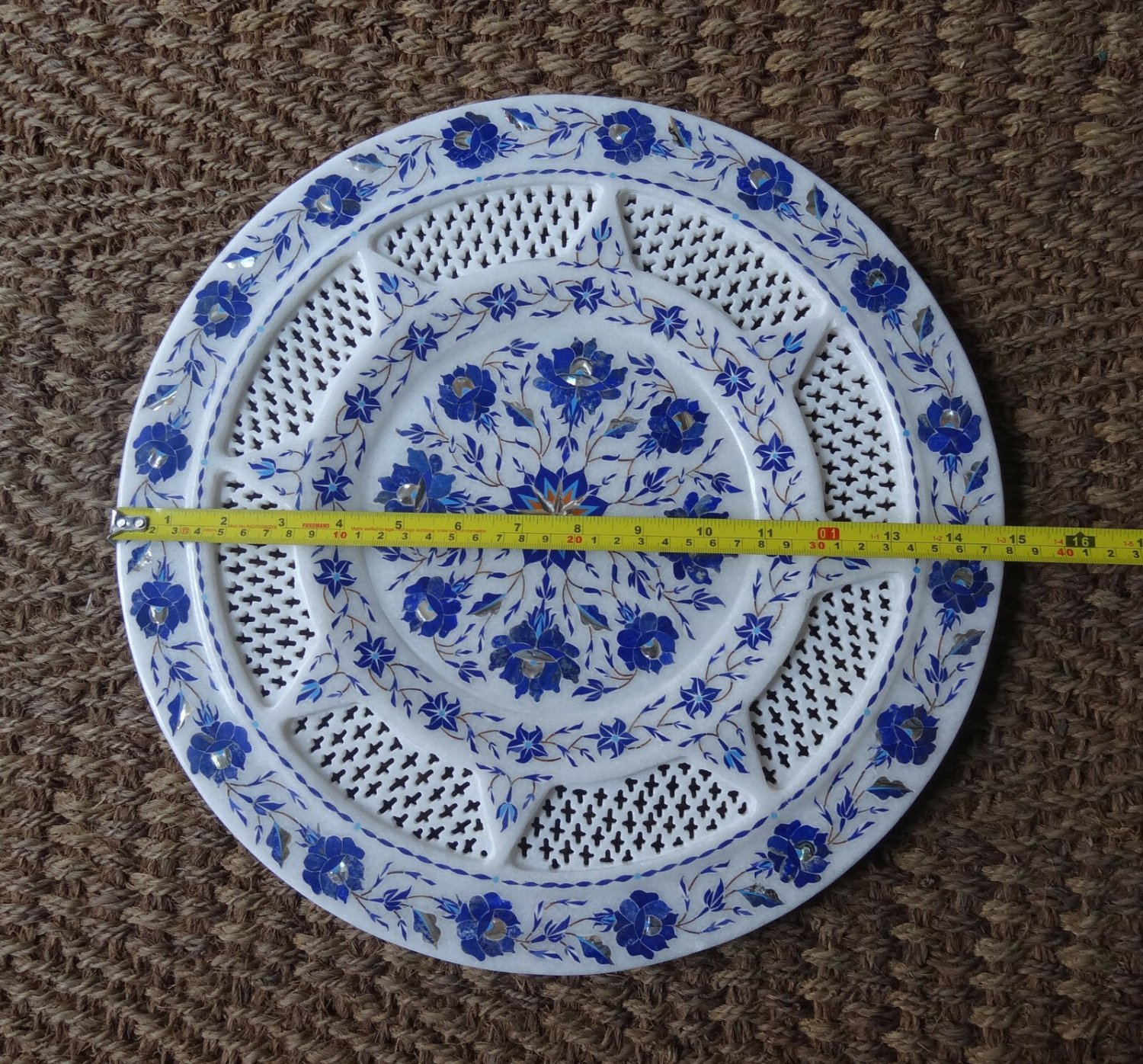 15" Filigree Marble Plate Lapis Lazuli Inlay Handicraft Design Kitchen ...