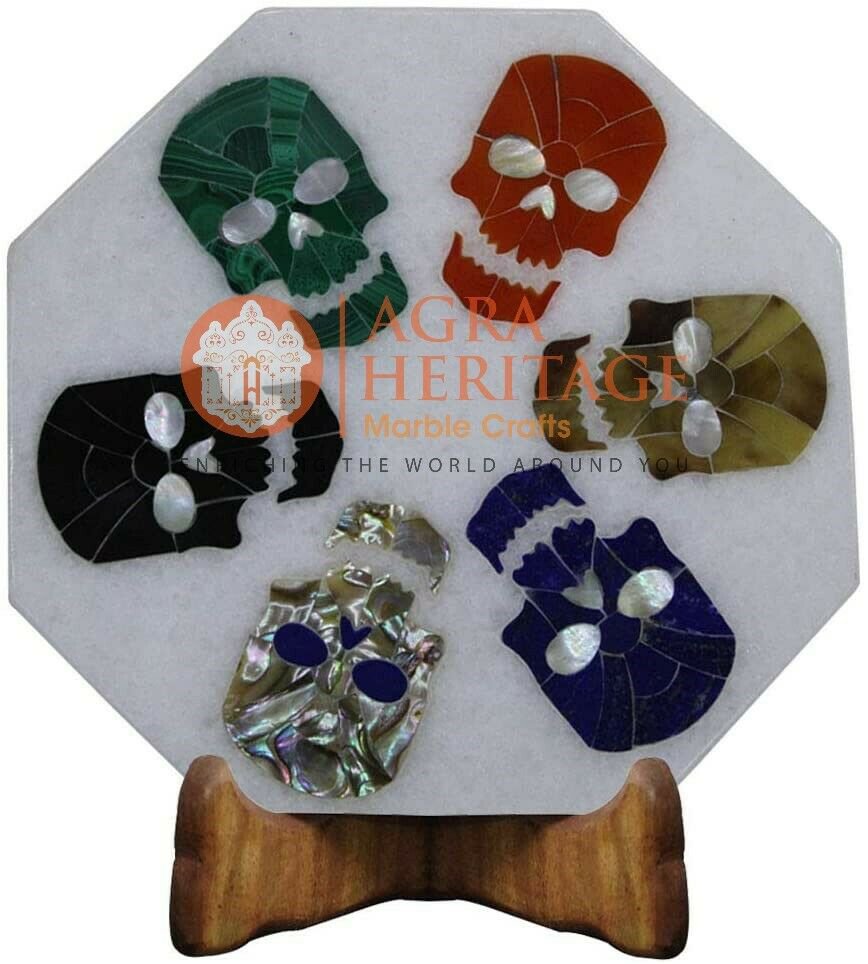 6" Marble White Wall Decor Tile Multi Stone Skull Design Inlaid ...