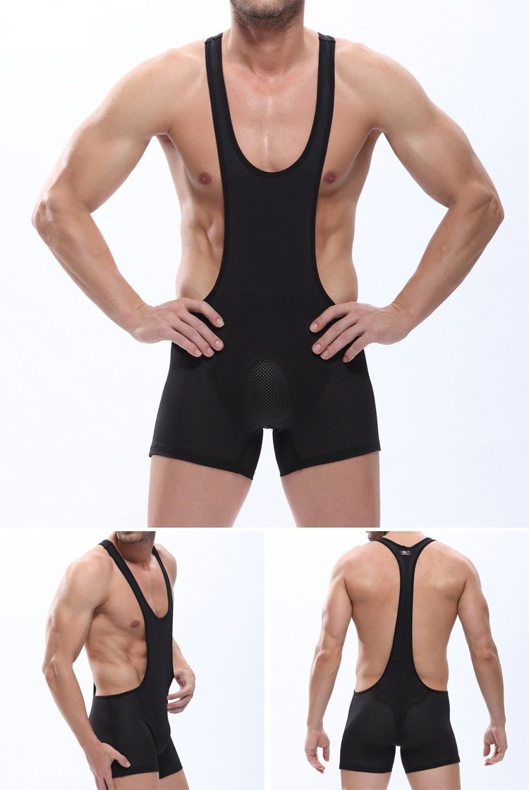 White Men's mesh perforated bodysuit wrestling singlet underwear #LT2
