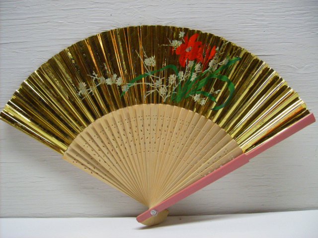 ASIAN HAND PAINTED GOLD FLORAL HAND FOLDING FAN # 37