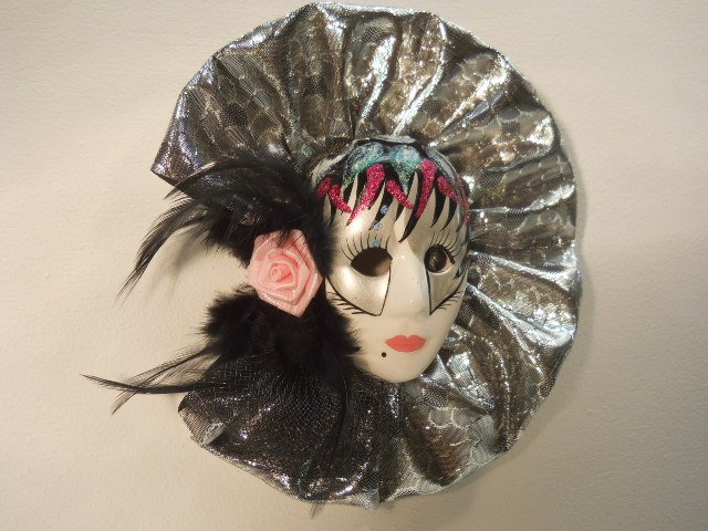Porcelain Lace Mask with Feathers Foil & Pink Flower #32