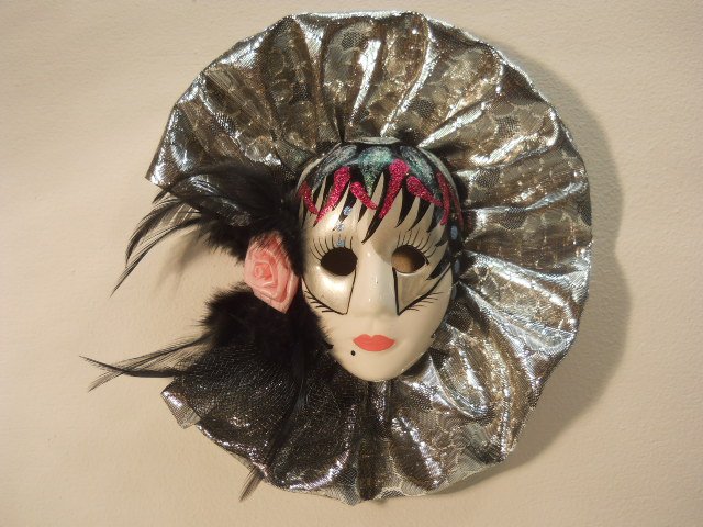 Porcelain Lace Mask with Feathers Foil & Pink Flower #32