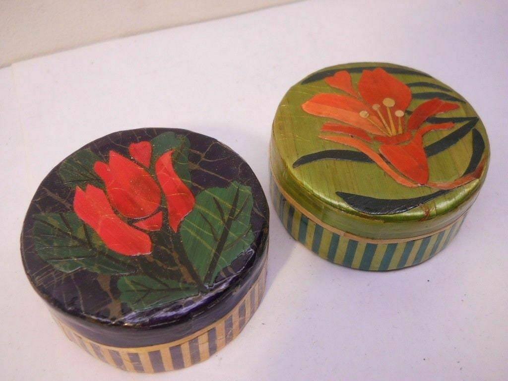 2 pc Bamboo Floral Trinket Box Set Wood Flower Felt Box Set #B