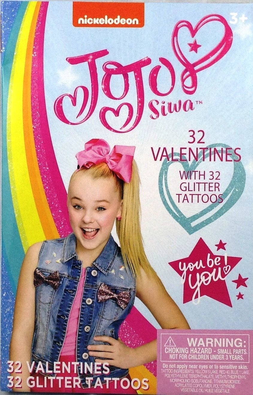 JoJo Siwa 32 Valentine Cards With Glitter Tattoos and Charms Lollipops