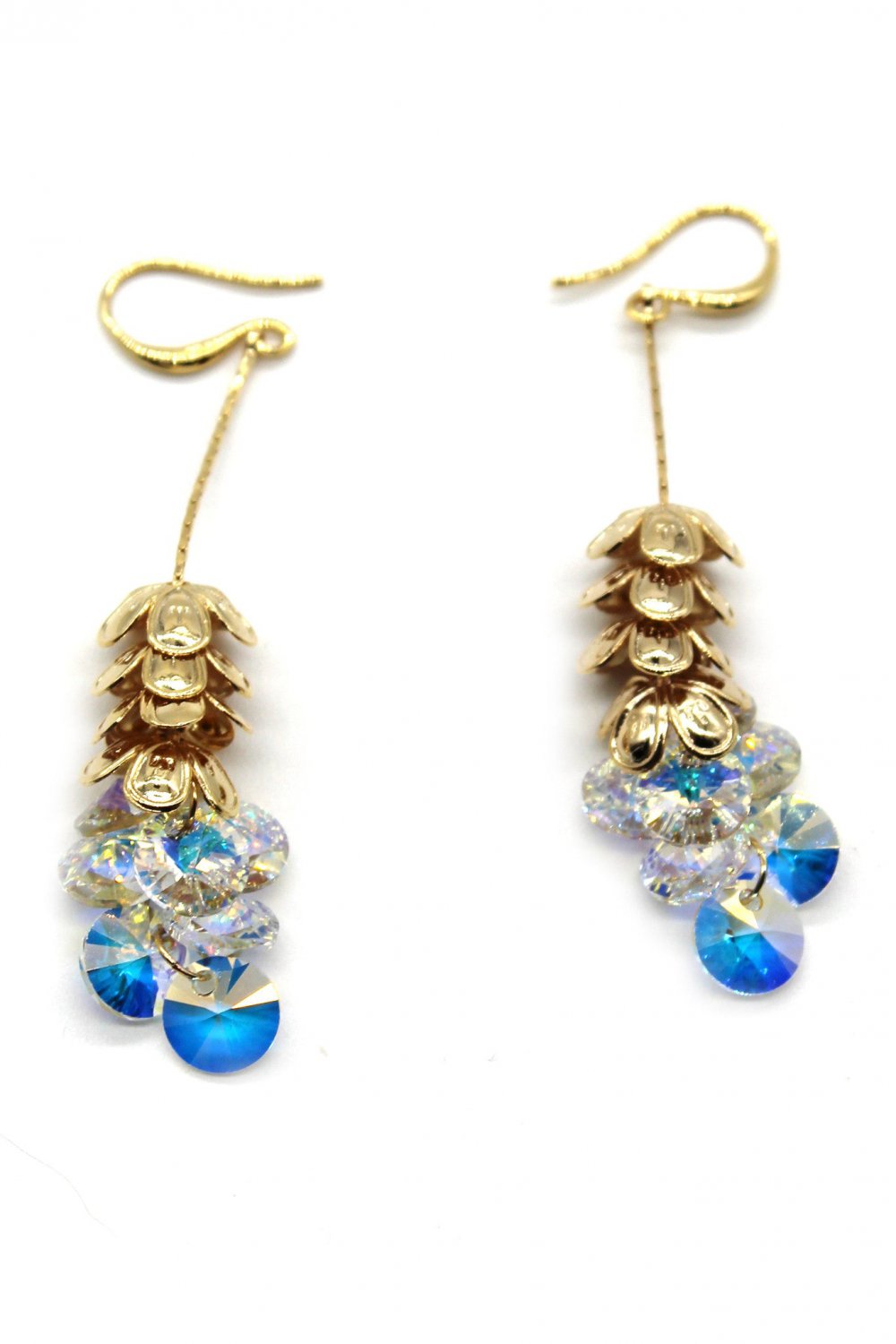 Gold elegant stacked layers flowers swarovski crystal earrings