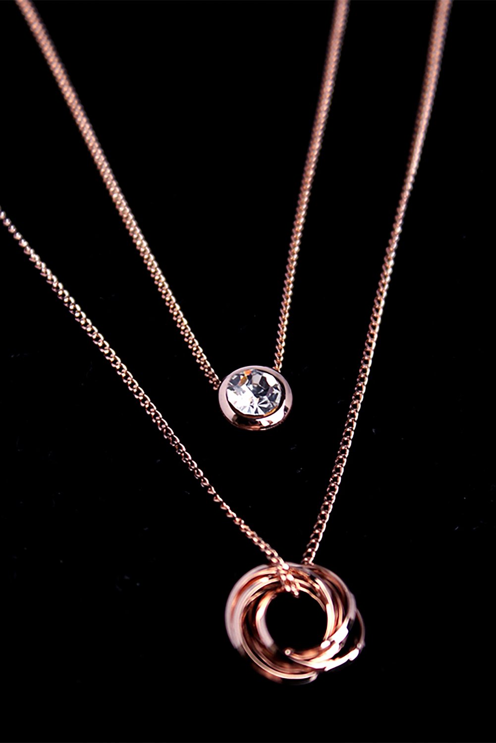 Gold fashion double ring pendant necklace