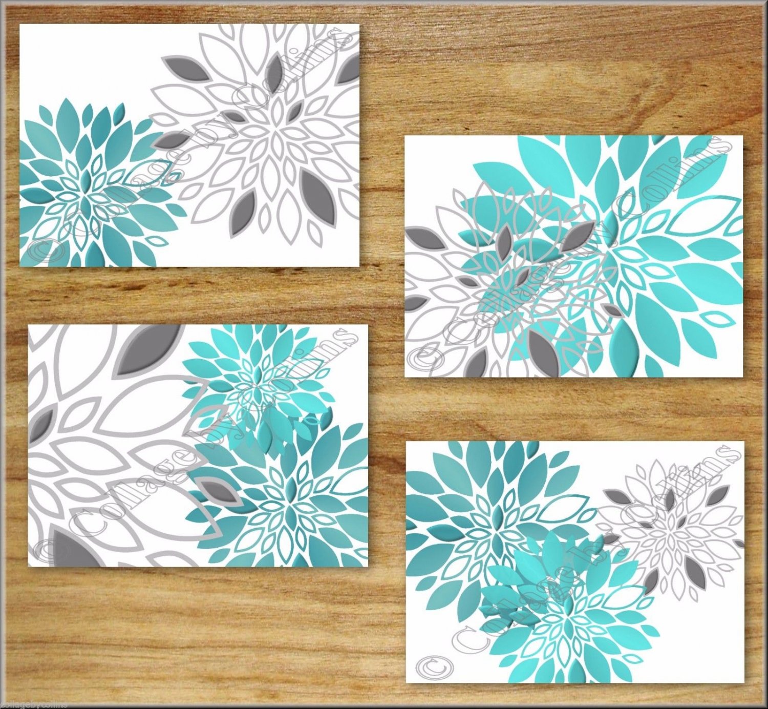 Teal Turquoise Gray Wall Art Picture Prints Decor Floral Dahlia Kitchen ...