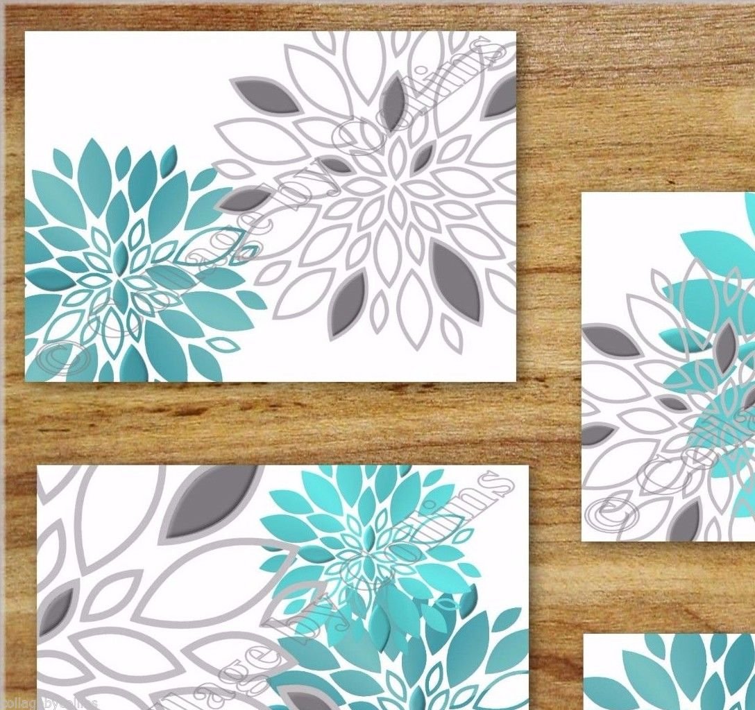 Teal Turquoise Gray Wall Art Picture Prints Decor Floral Dahlia Kitchen ...