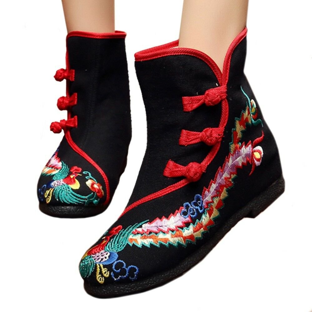 Vintage Beijing Cloth Shoes Embroidered Boots 12-03 black 35