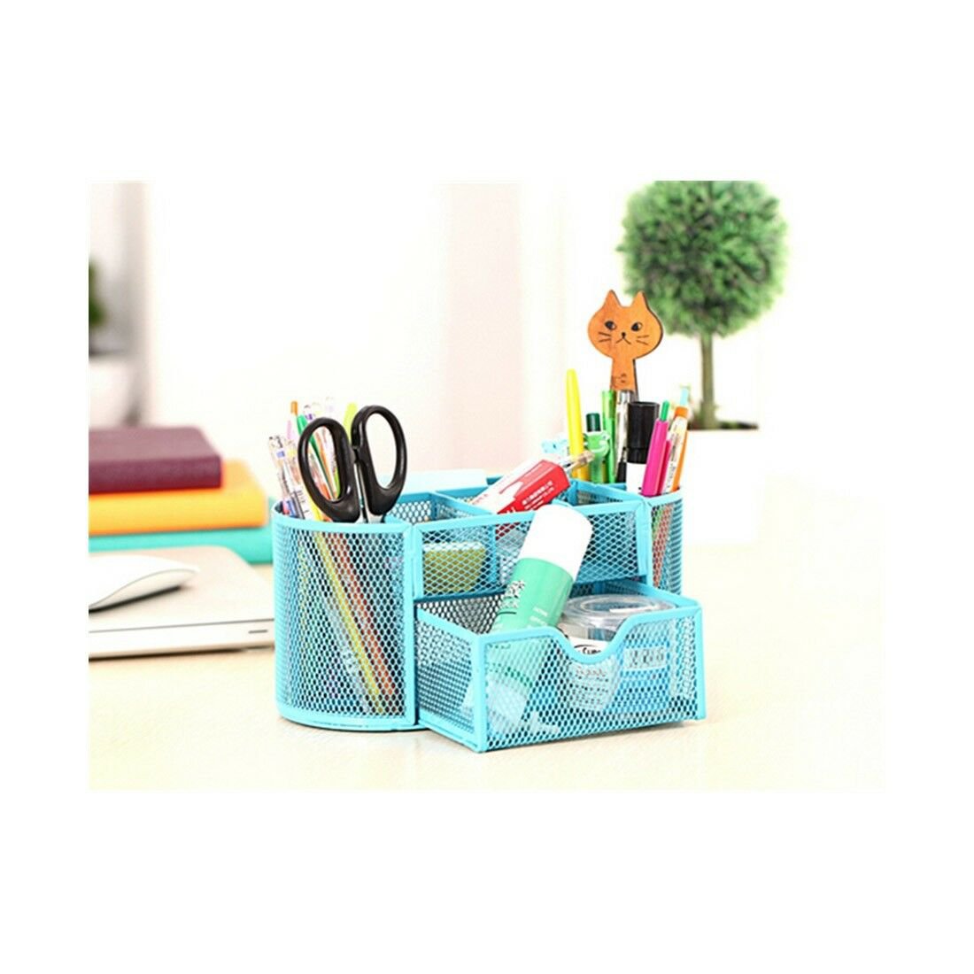 9 Slots Compartments Desk Organizer Pen Holder Rack Office Stationary Blue