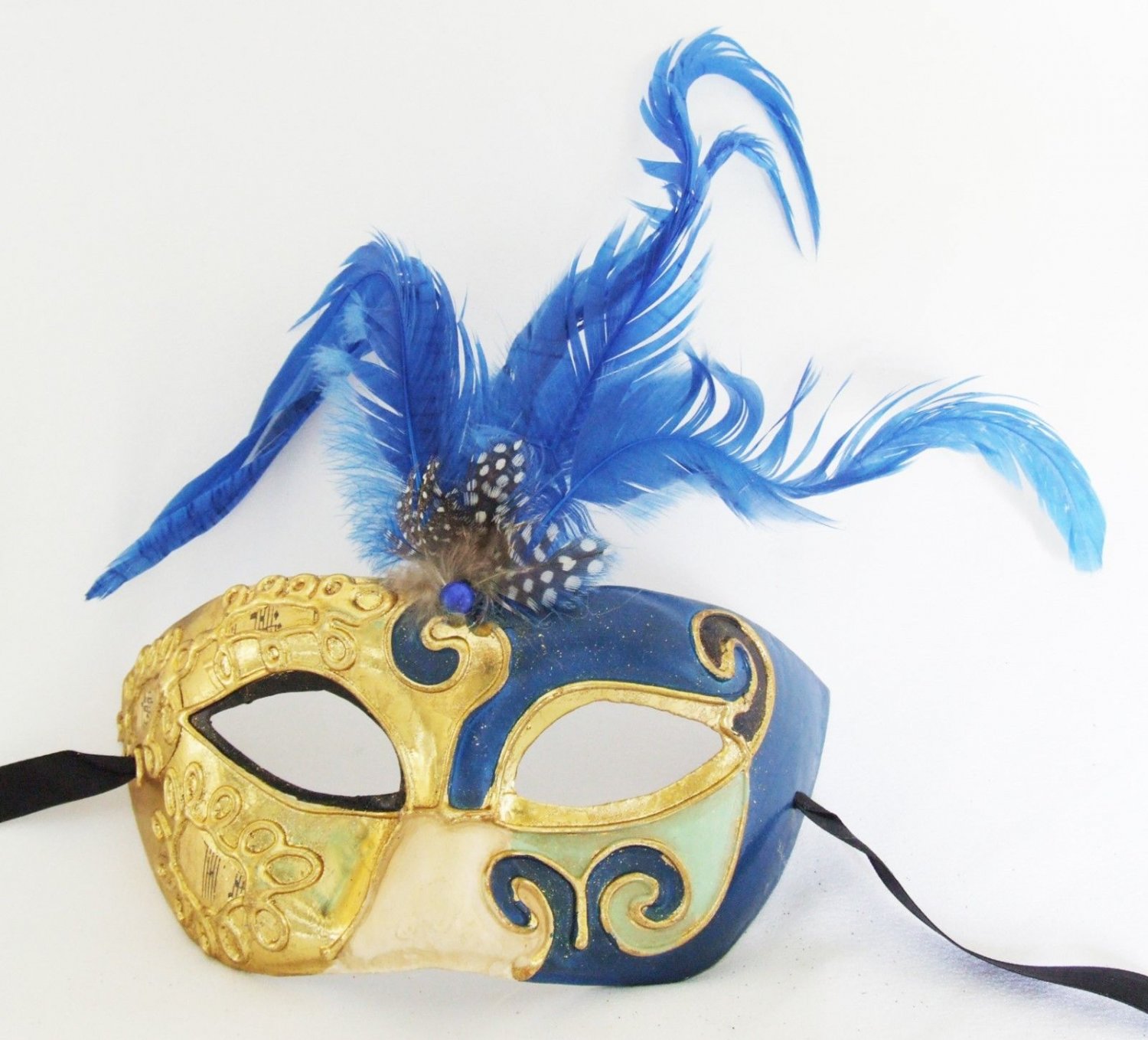Mask Harlequin Blue Feather Masquerade Ball Mardi Gras Party Halloween Prom