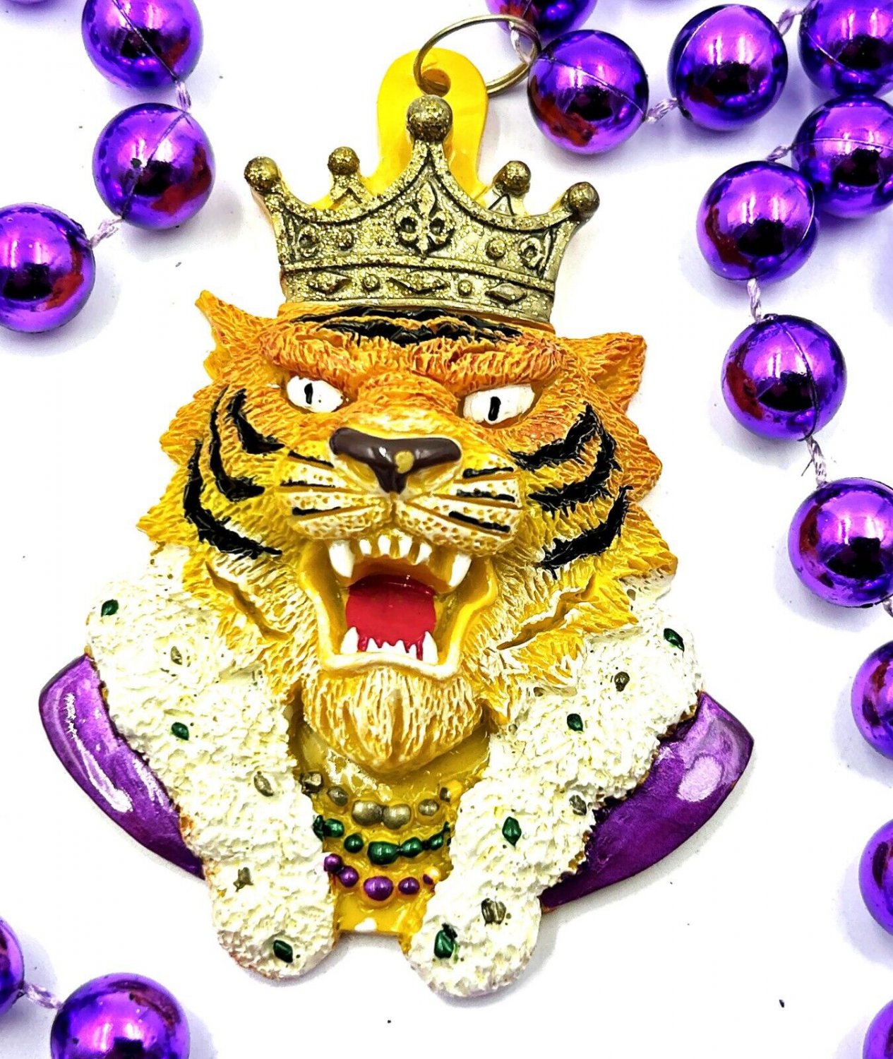 King Tiger Mardi Gras Bead Necklace New Orleans LSU Tigers Purple Beads