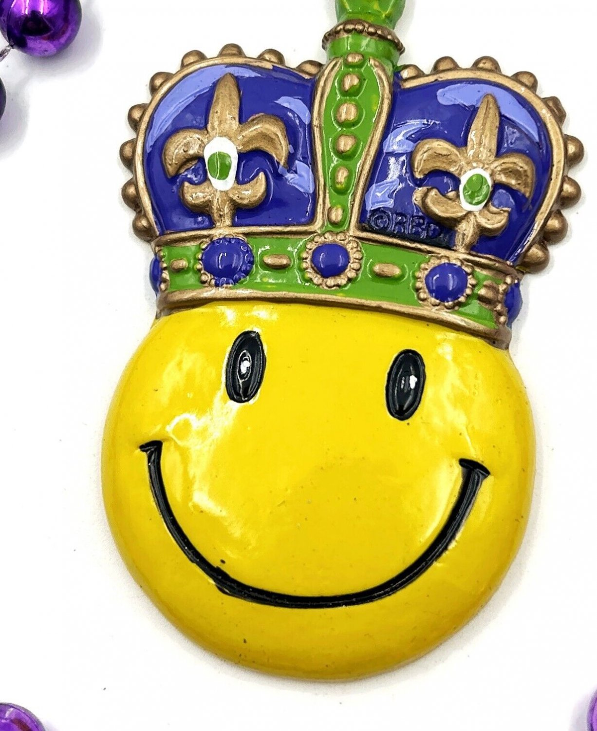 Smiley Face King Royal Crown Mardi Gras Bead Necklace New Orleans Carnival