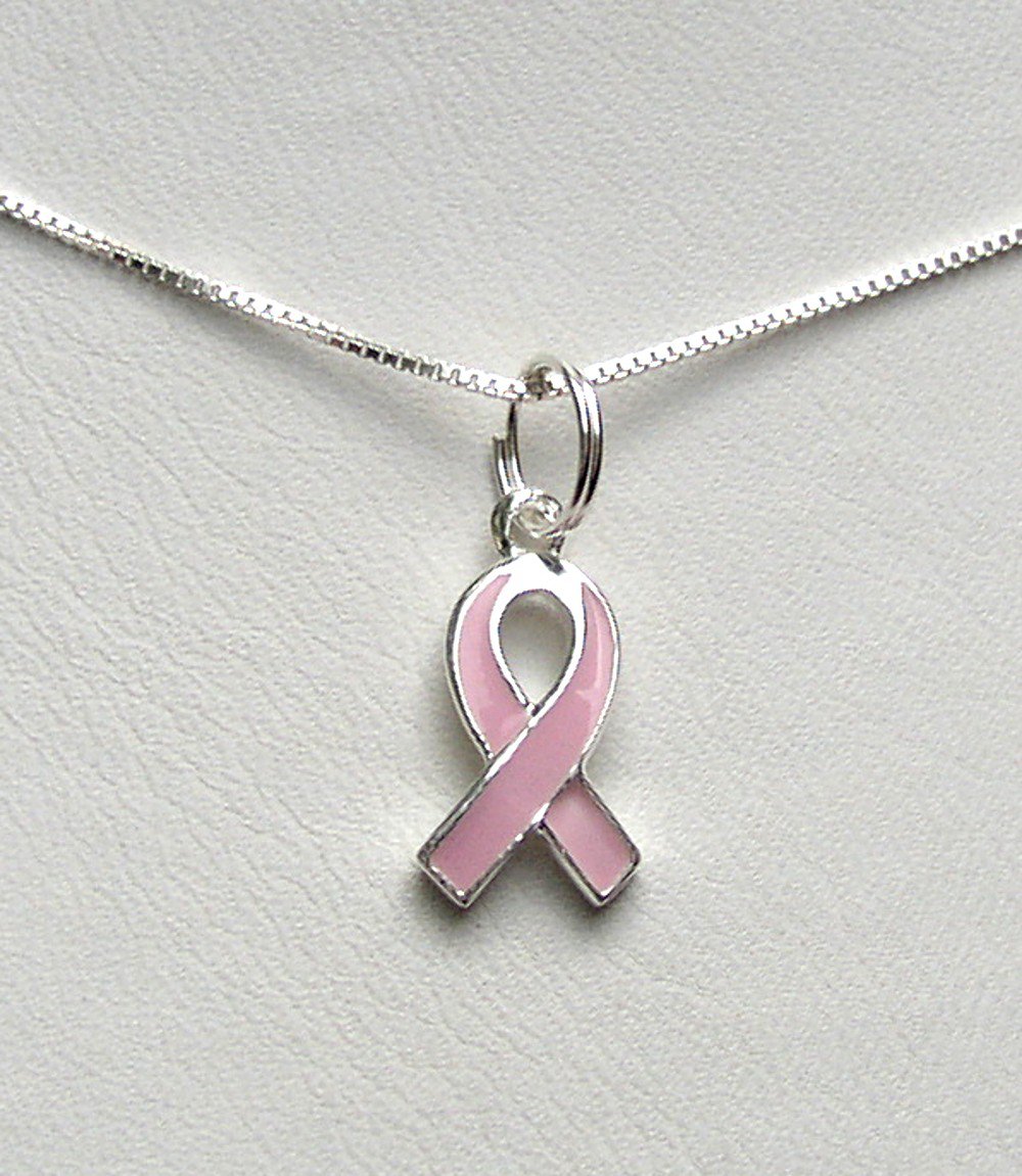 Sterling Silver Pink Enamel Breast Cancer Awareness ribbon charm and chain