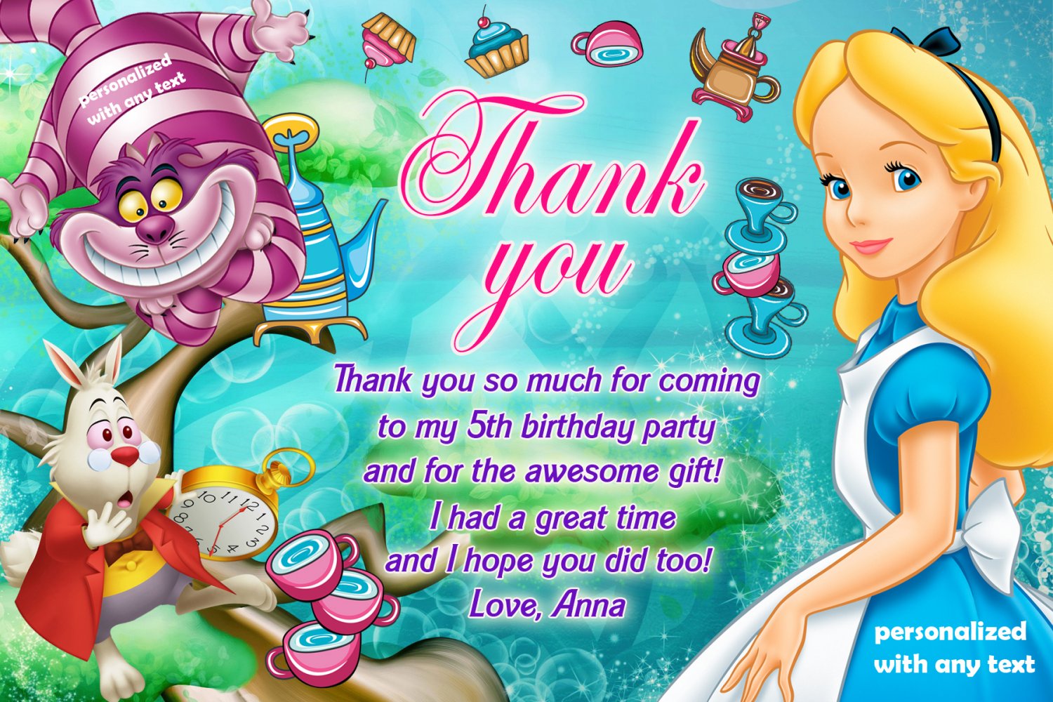 Alice in wonderland thank you card, tea party Thank you card, mad ...
