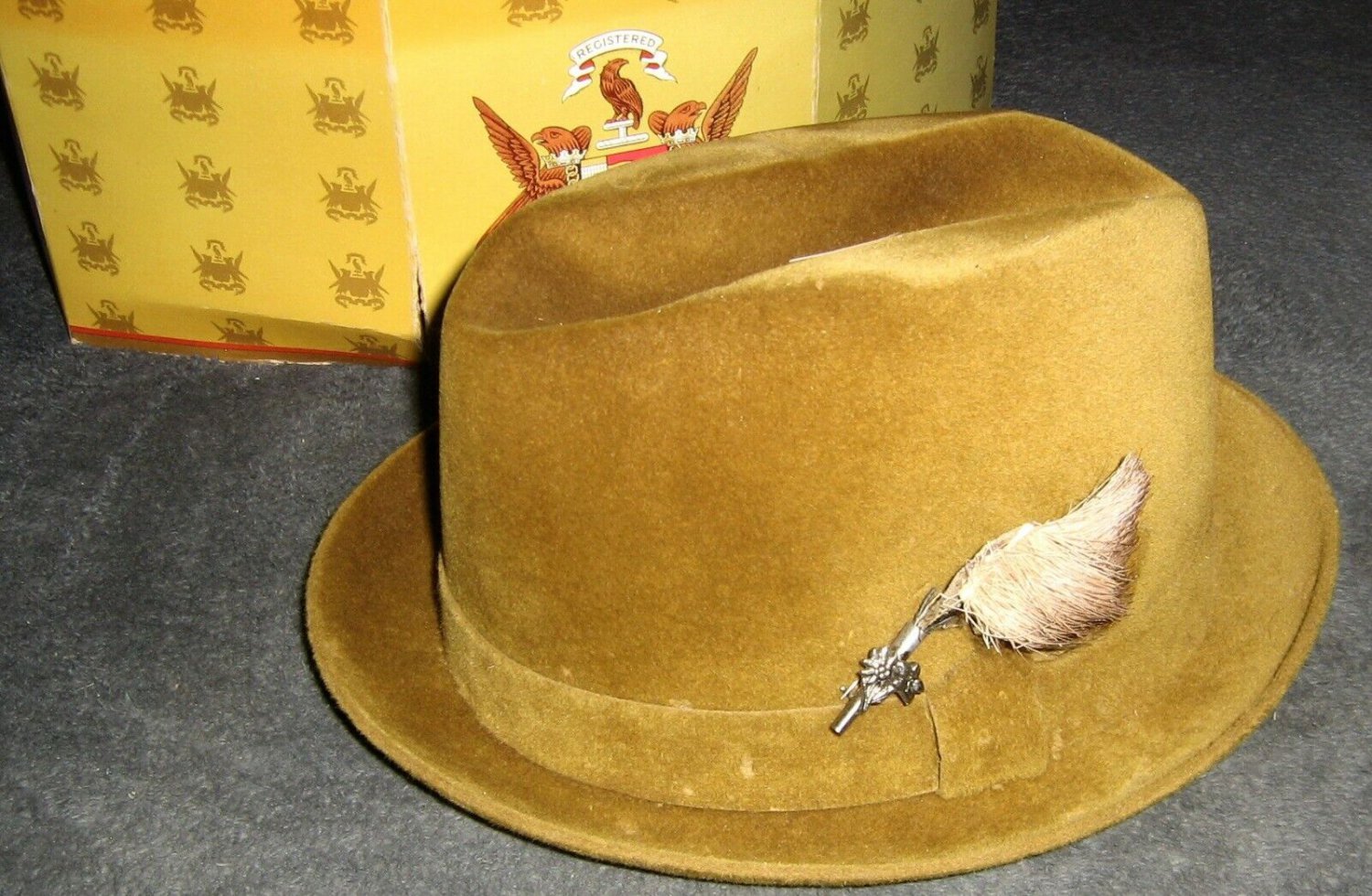 Vintage KNOX Hat Brown Felt Size 7, Feather, With Original Box