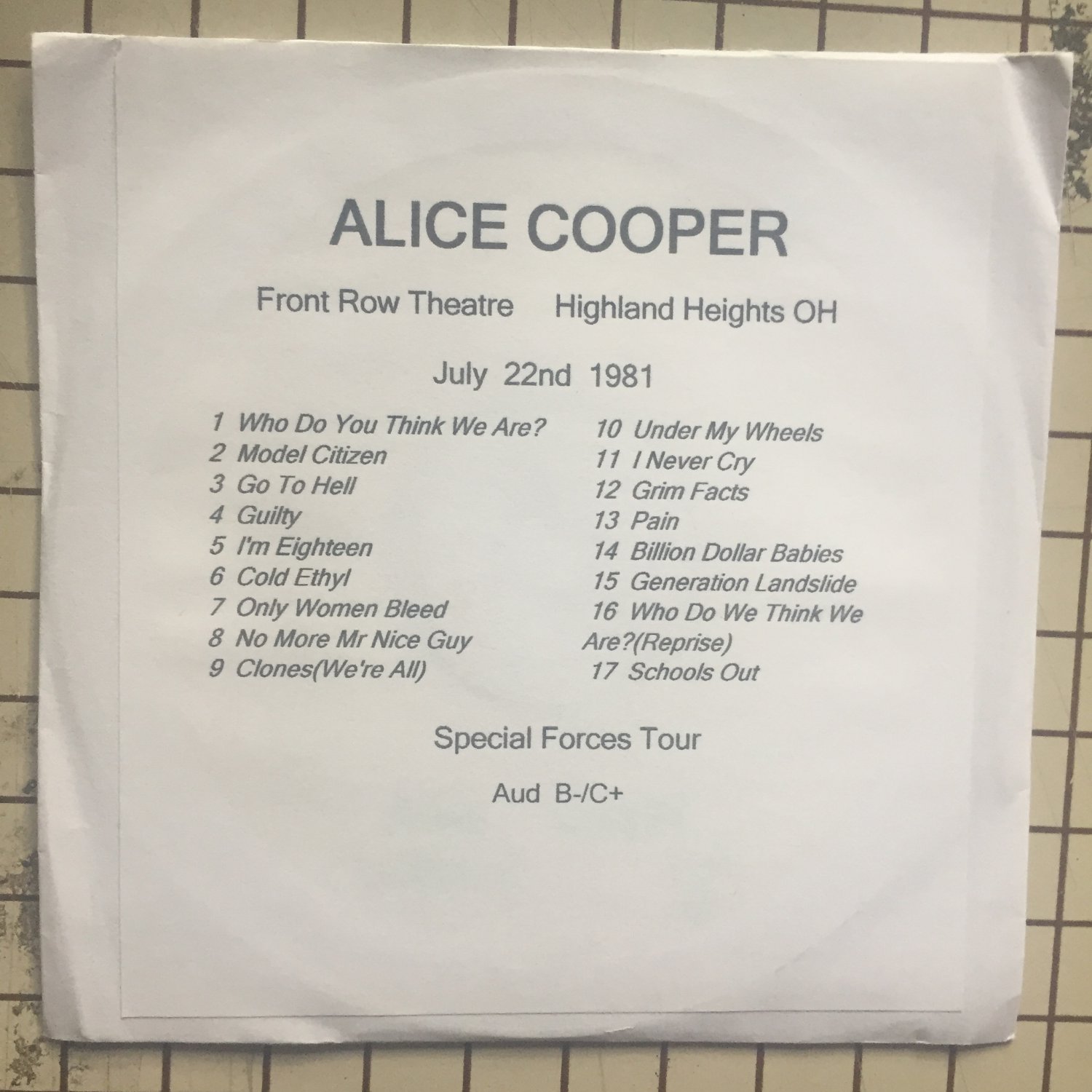 Alice Cooper cd Highland Heights OH 1981 Special Forces Tour