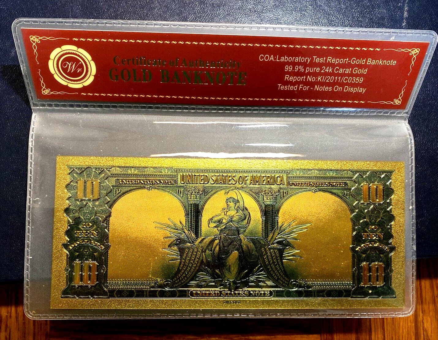 10 Dollar Bill... 24K Gold Overlay...Banknote..With COA in Plastic ...