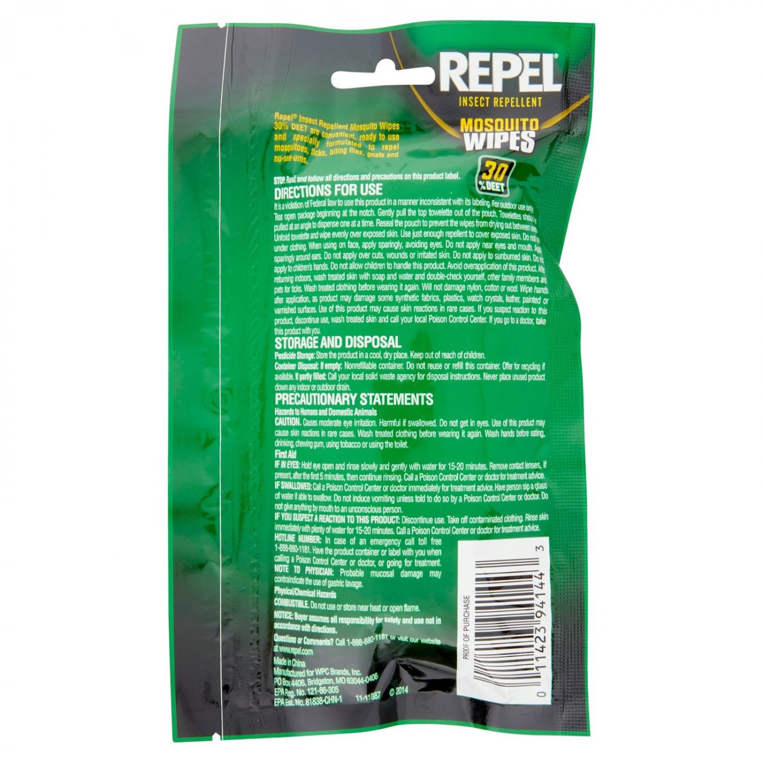 Repel 30% Deet Insect Repellent Mosquito Wipes, 20 count, 4 oz