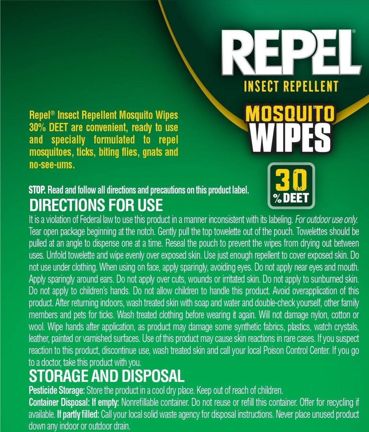 Repel 30% Deet Insect Repellent Mosquito Wipes, 20 count, 4 oz
