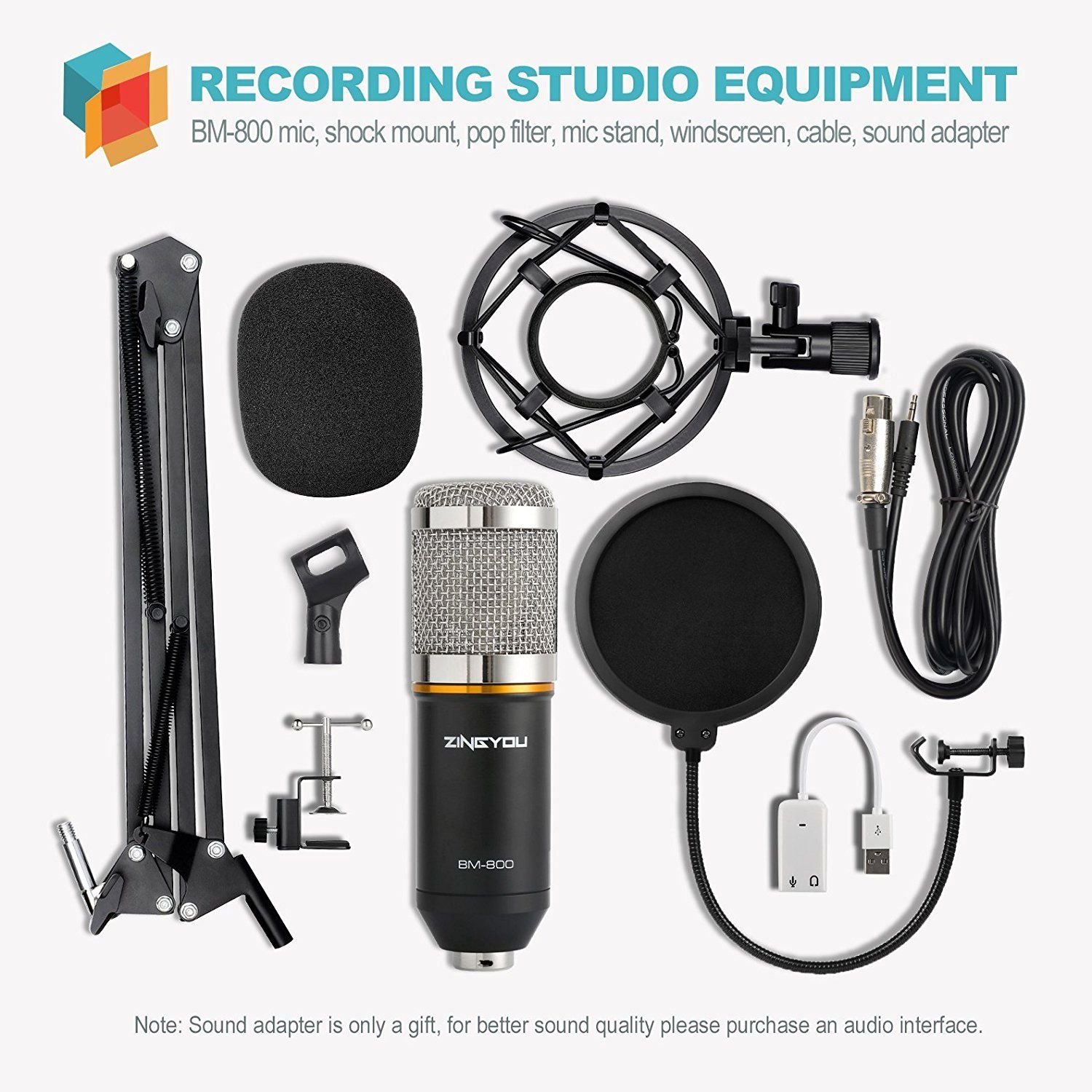 ZINGYOU Condenser Microphone Bundle, BM-800 Mic Kit with Adjustable Mic ...