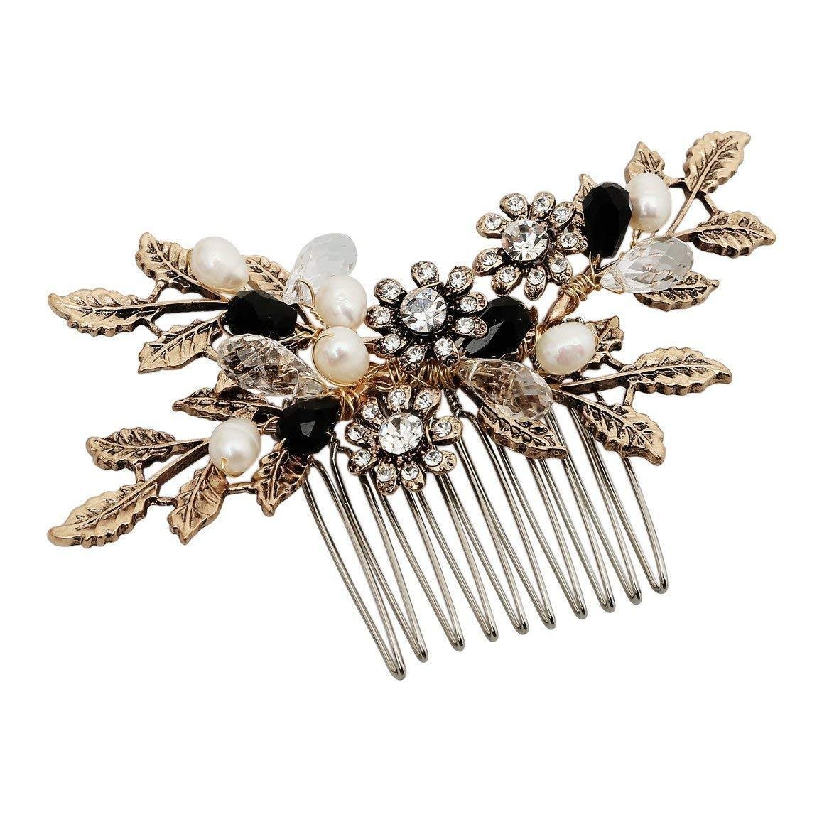 Vintage Black Flower Crystal Pearl Side Combs Bridal Headpiece Wedding Hair
