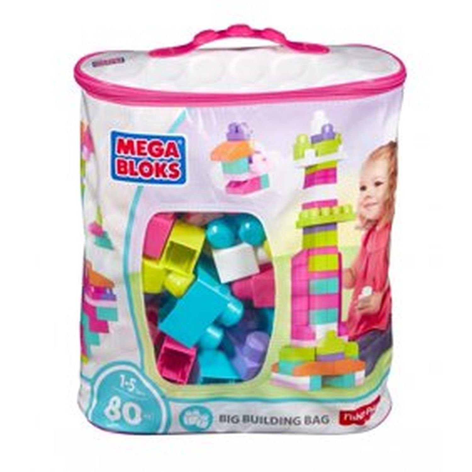 Mega Bloks Big Building Bag (Pink) 80 Pieces Attachable Wheelbase Fast ...