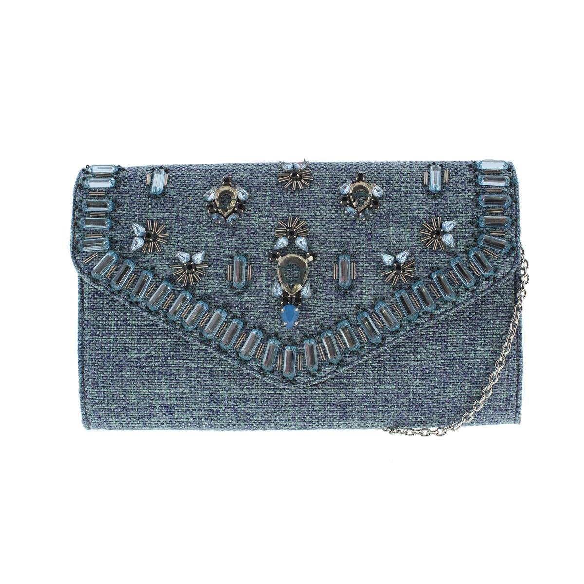 Glint 4947 Womens Blue Tweed Embellished Clutch Handbag Purse Medium BHFO