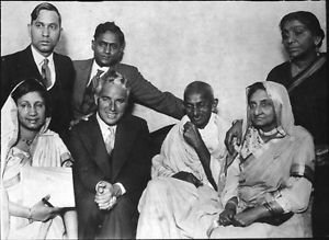 Mahatma Gandhi and Charlie Chaplin sitting with people - 8x10 photo