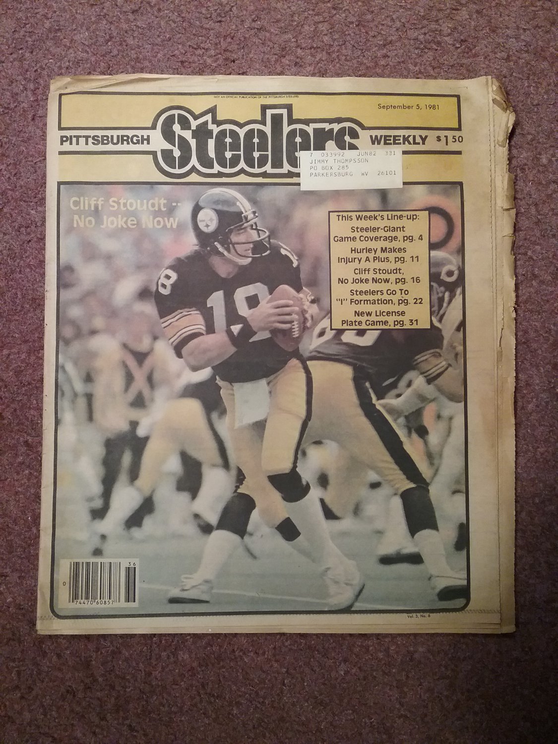Pittsburgh Steelers Weekly Magazine, September 5, 1981 Cliff Stoudt ...