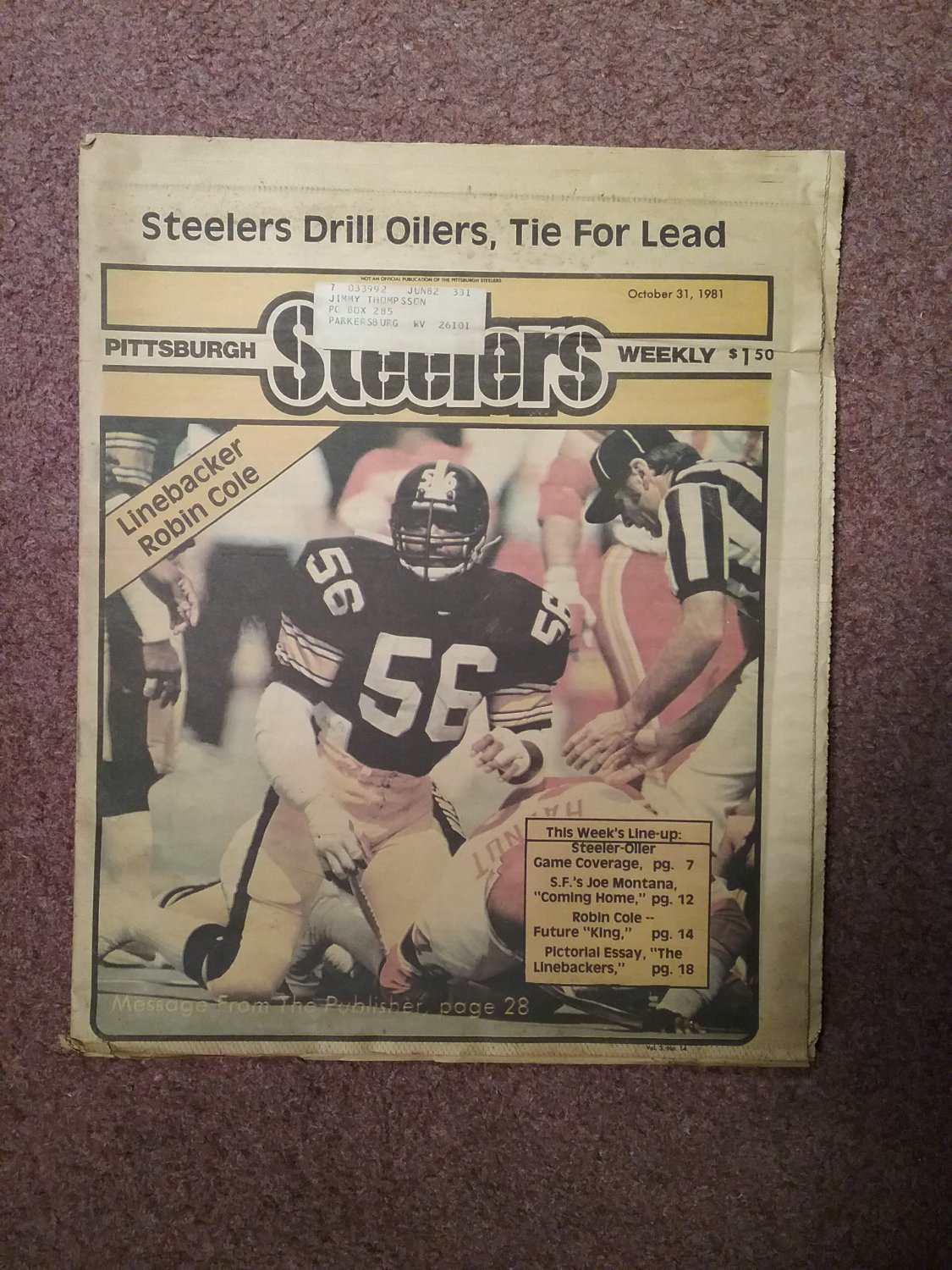 Pittsburgh Steelers Weekly Magazine, October 31, 1981 Robin Cole 707161046